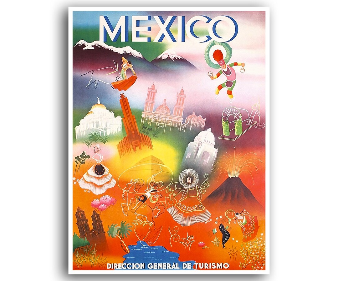 Mexico Art Print Travel Poster Vintage Mexican Canvas Decor Hanging ...