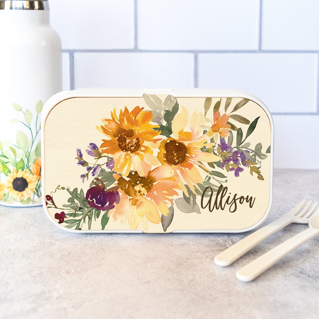Personalized Bento Box With Utensils, Watercolor Sunflower Design on ...