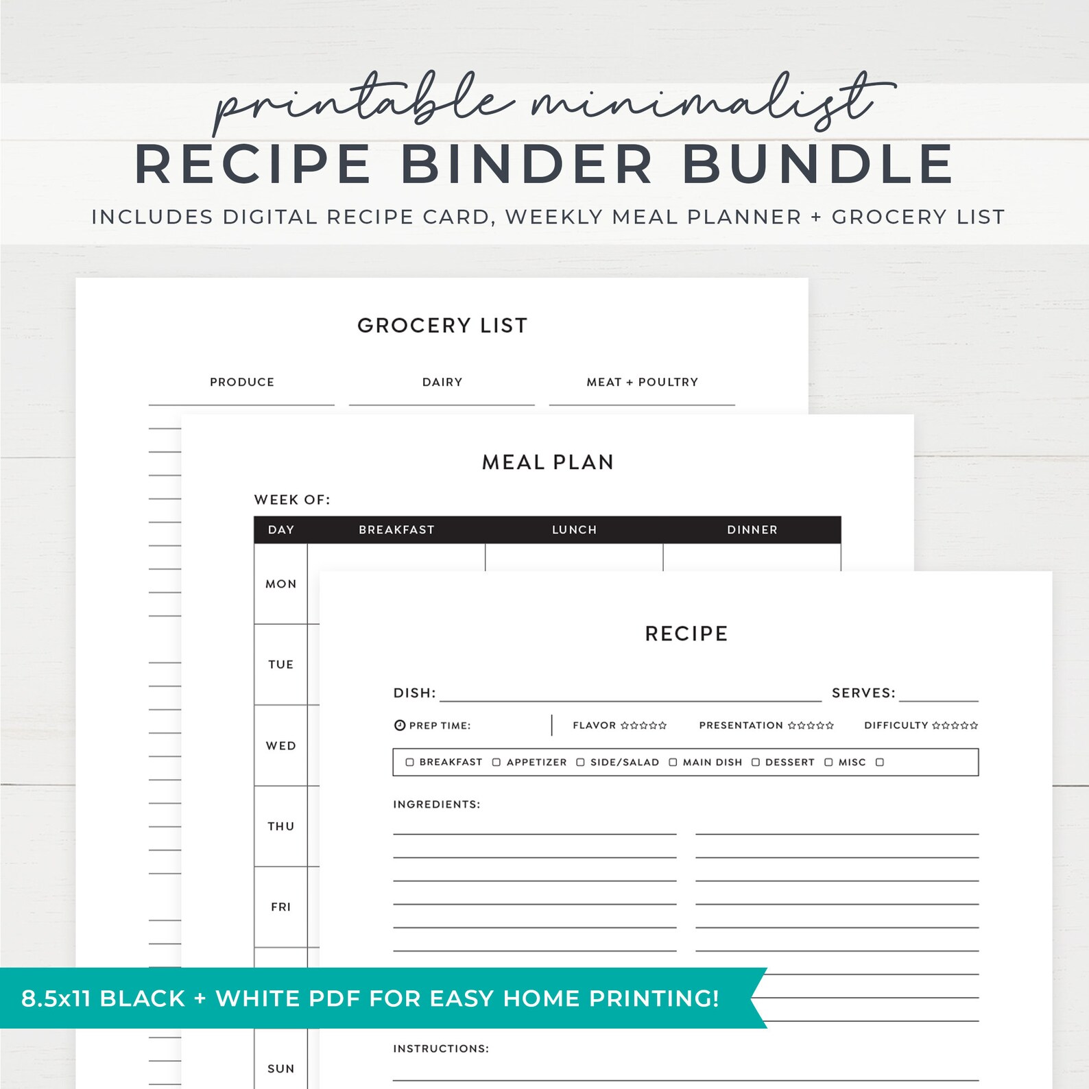 Initial Recipe Binder With Printable Recipe Card Meal Planner - Etsy