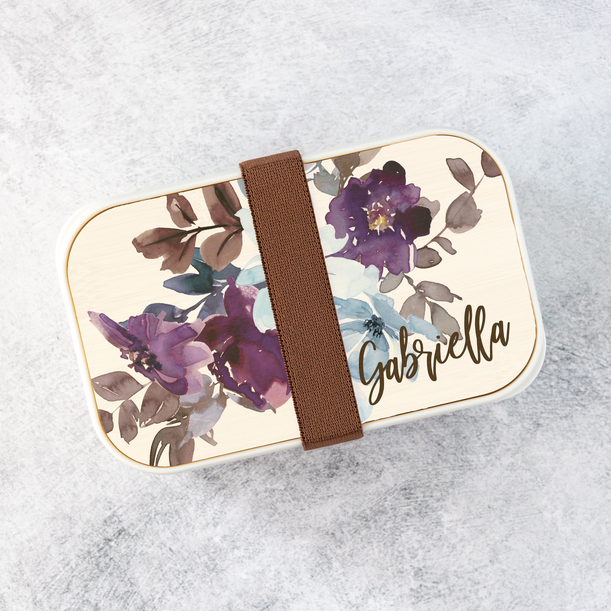 Custom Bento Box, Watercolor Floral Design on Bamboo Lid, Personalized ...