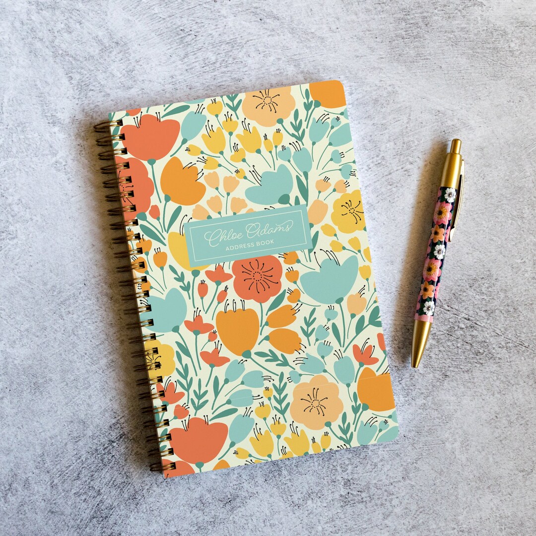 Retro Floral Address Book With Custom Cover and Gold Spiral Binding ...