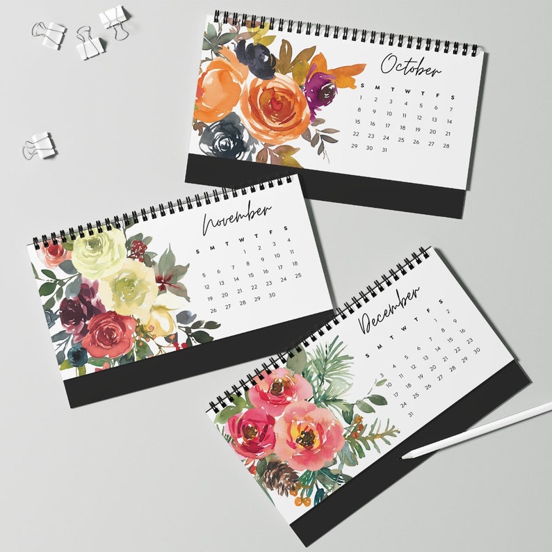 Desk Calendar With Watercolor Floral Illustrations 12 Month - Etsy