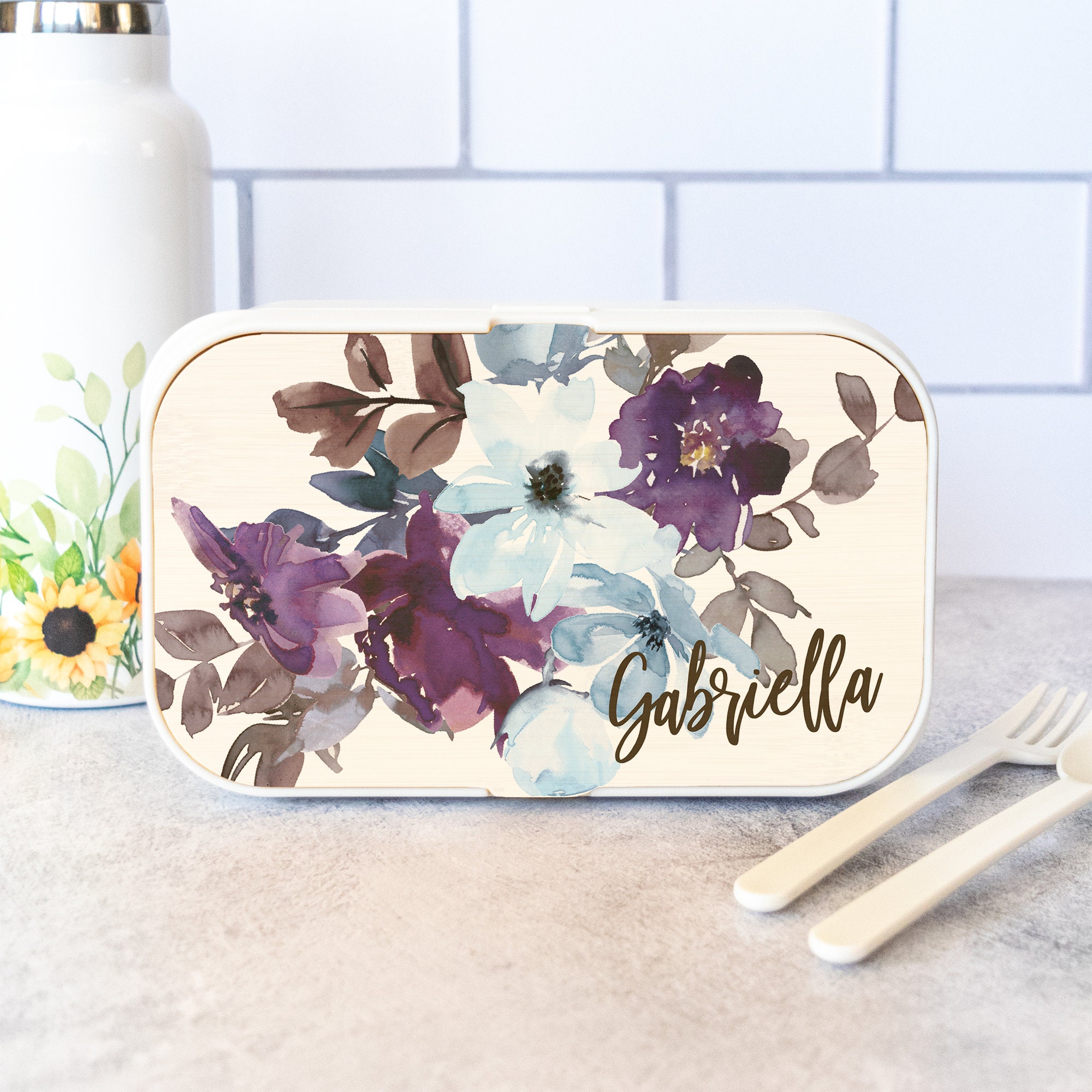 Custom Bento Box Watercolor Floral Design on Bamboo Lid | Etsy