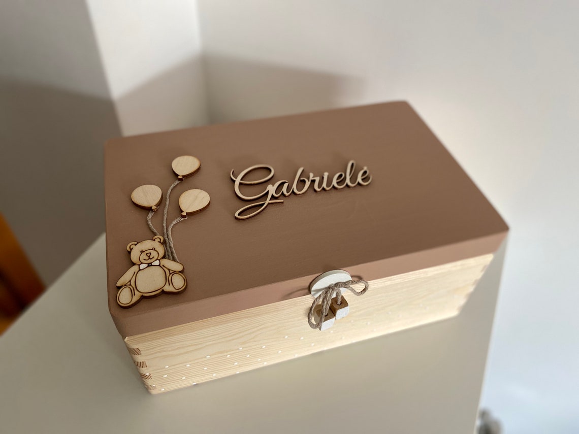 Box with teddy bear for baby Wooden keepsake with name | Etsy