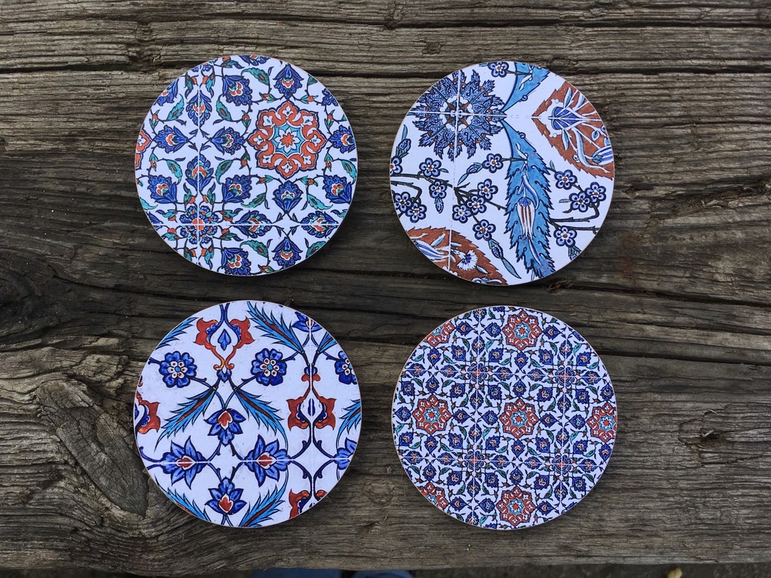 Wooden Coaster With Iznik Tile Design Set of 4 Turkish - Etsy