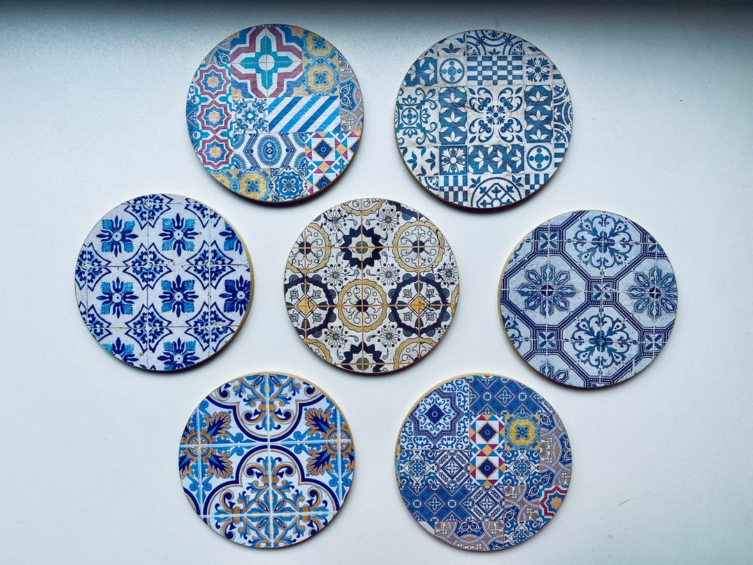 Set of 8 Lisbon Azulejos Tile Pattern Wooden Coaster, Personalised ...
