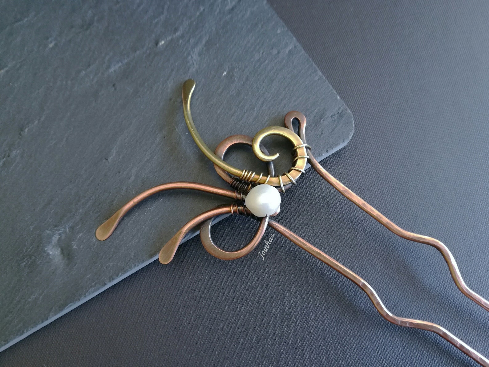 Garfo para cabelo em metal misto com pérolas, pente de cabelo em cobre ...