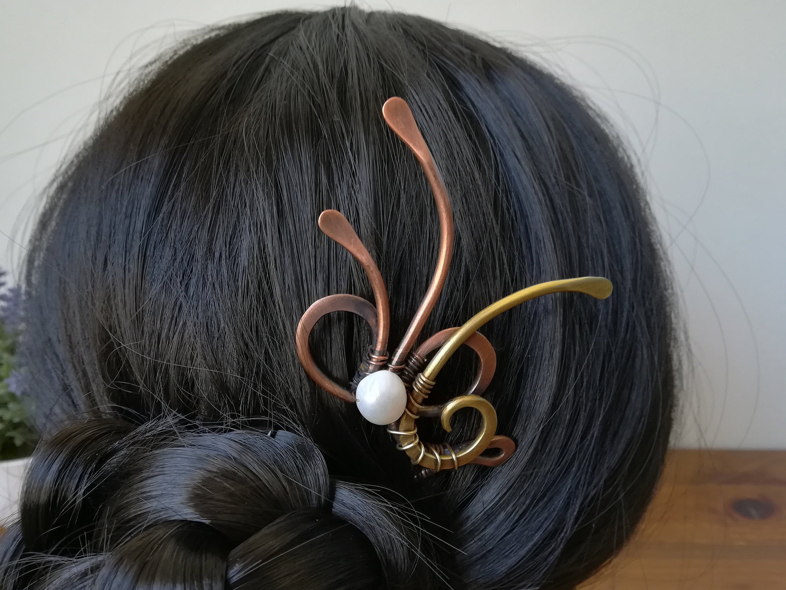 Garfo para cabelo em metal misto com pérolas, pente de cabelo em cobre ...