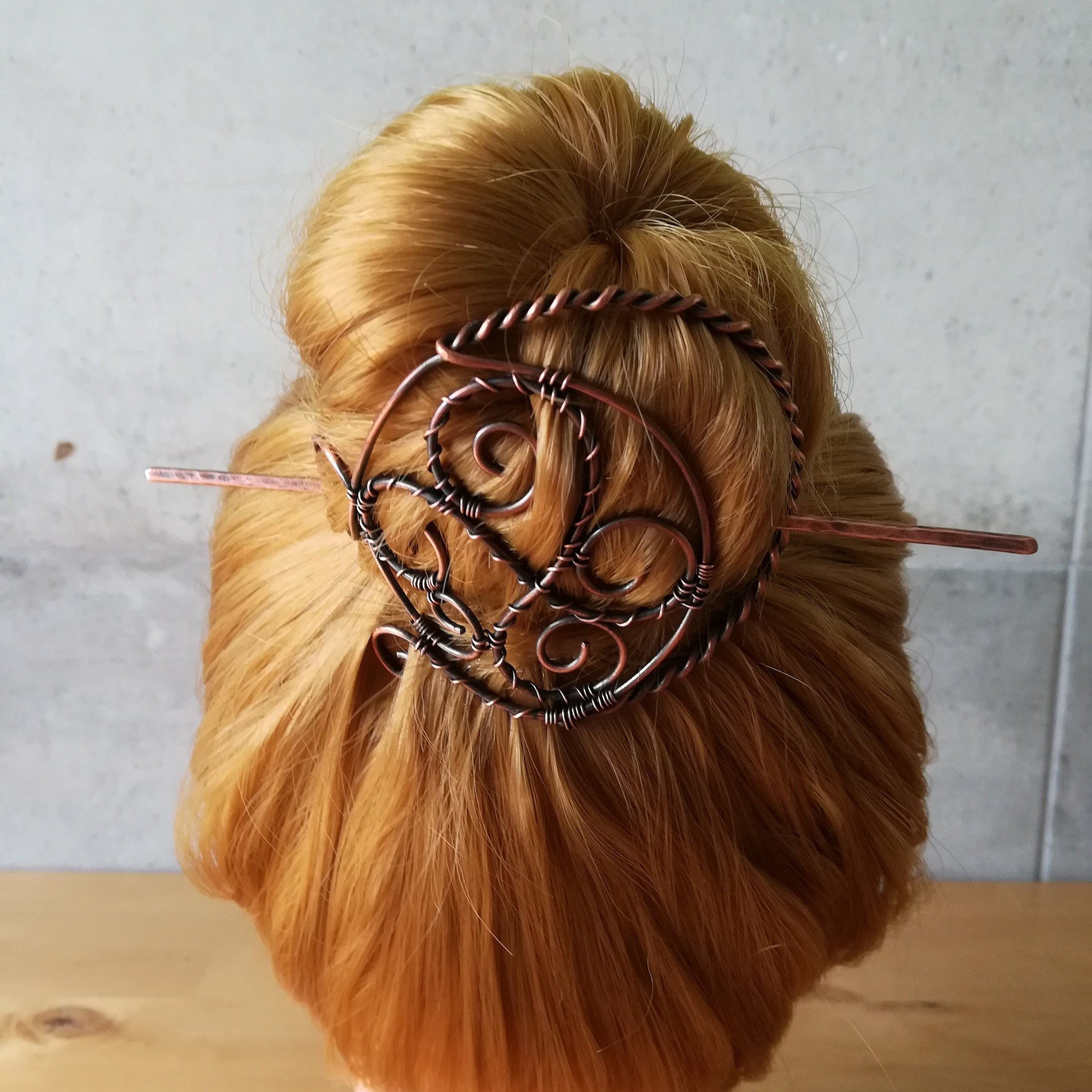 Copper or Brass Bun Holder, Large Hair Barrette, Hair Slide With Stick ...