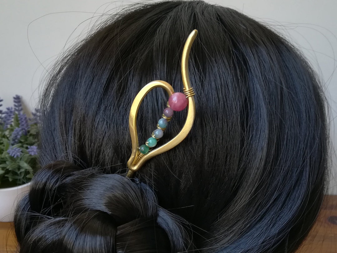 Gold and Pink Hair Stick, Brass Hair Pin, Unique Hair Accessory ...