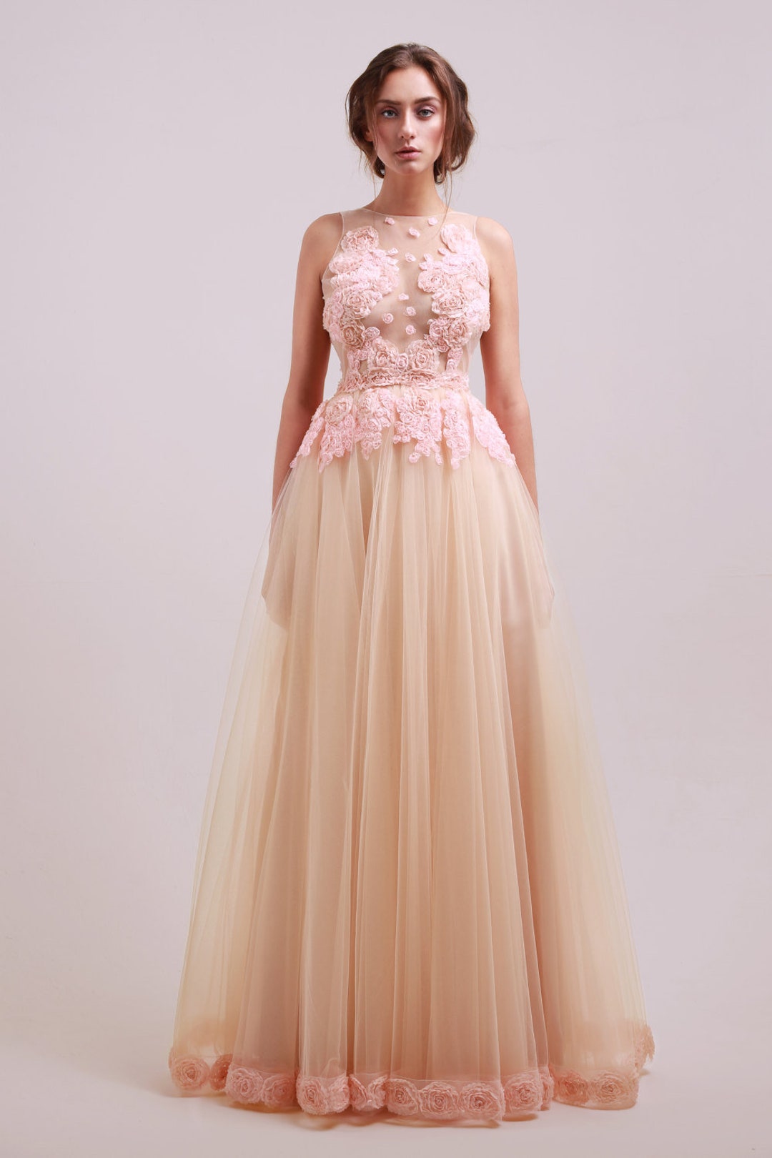 Open Back Evening Dress, Peach Colour Net Dress, Tutu Dress With ...