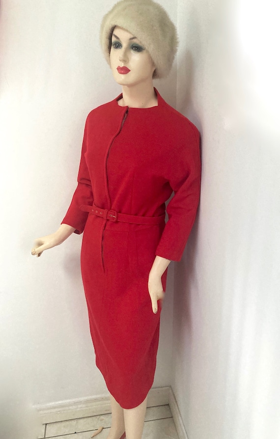 VINTAGE 1960s RASPBERRY Red MOD Dress with Belt size … - Gem