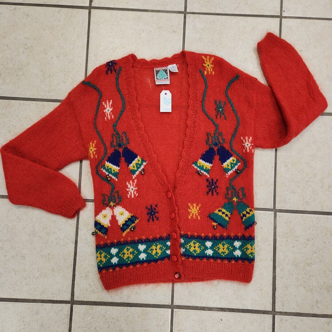 TACKY 1980s CHRISTMAS Red Mohair Cardigan SWEATER W/ Knit & Real Bells ...