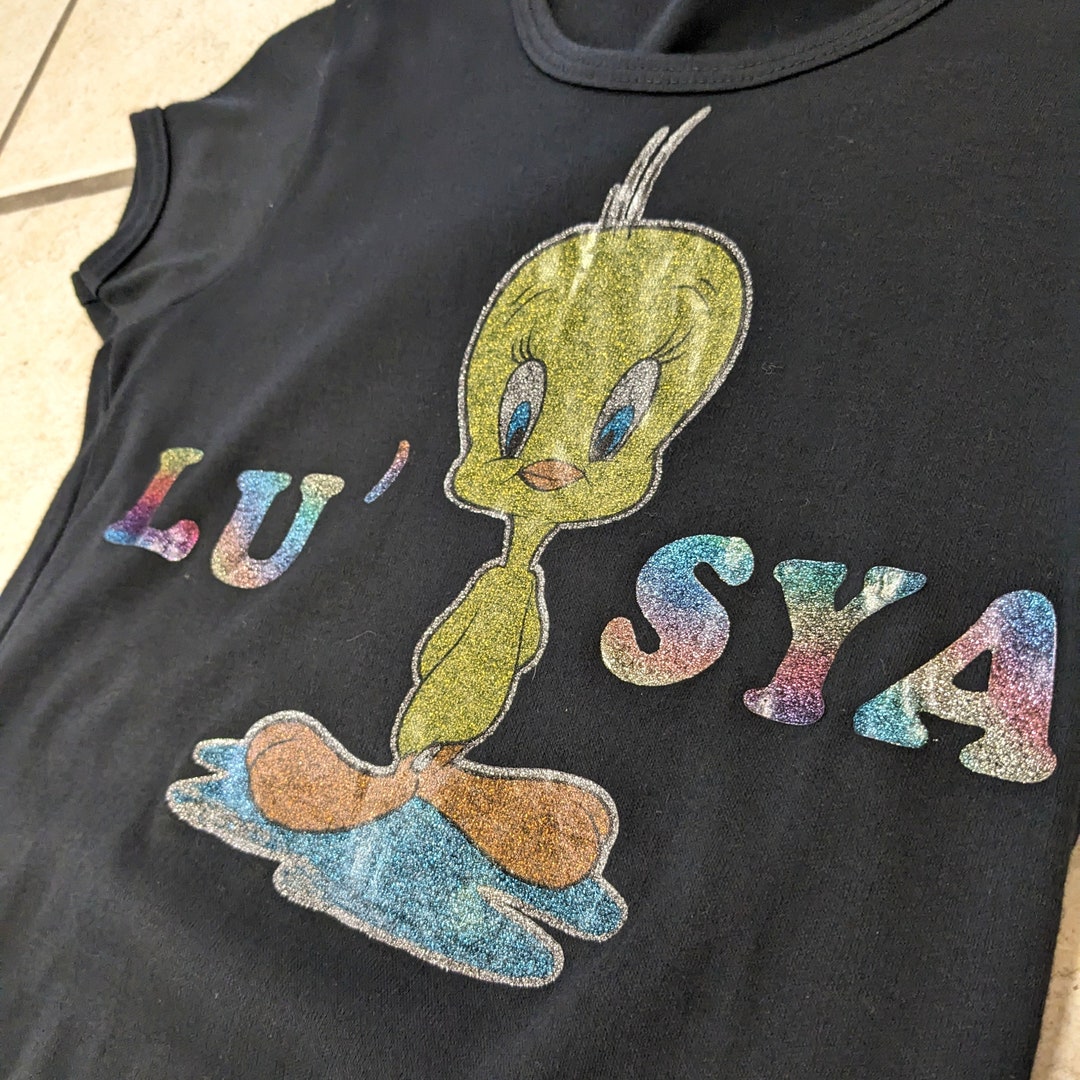 VINTAGE 1970s Sparkle Transfer Ladies Tee W/ LOONEY TUNES Tweety Bird ...