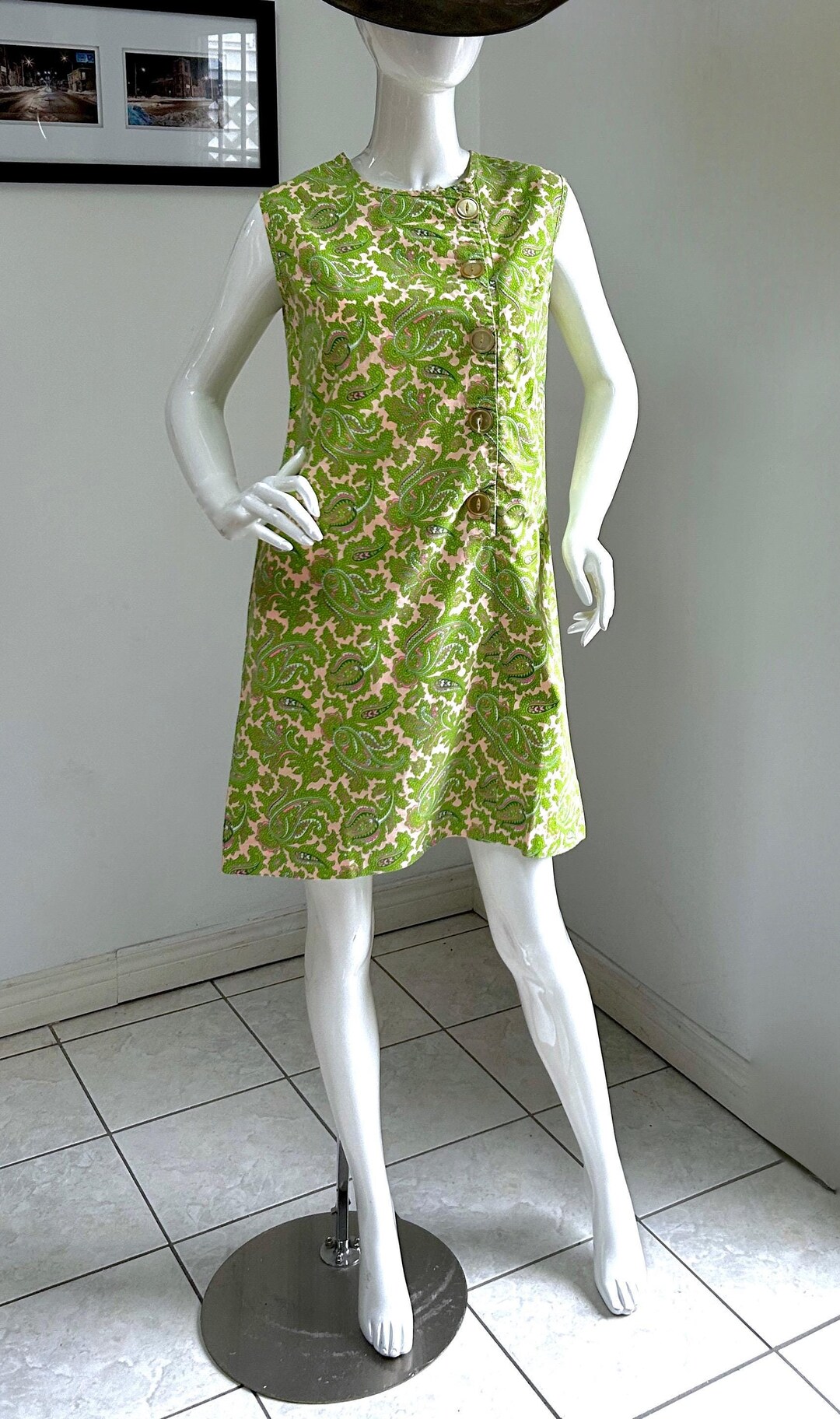 MOD Vintage 1960s SUNDRESS Green PAISLEY Big Buttoned Size Large - Etsy