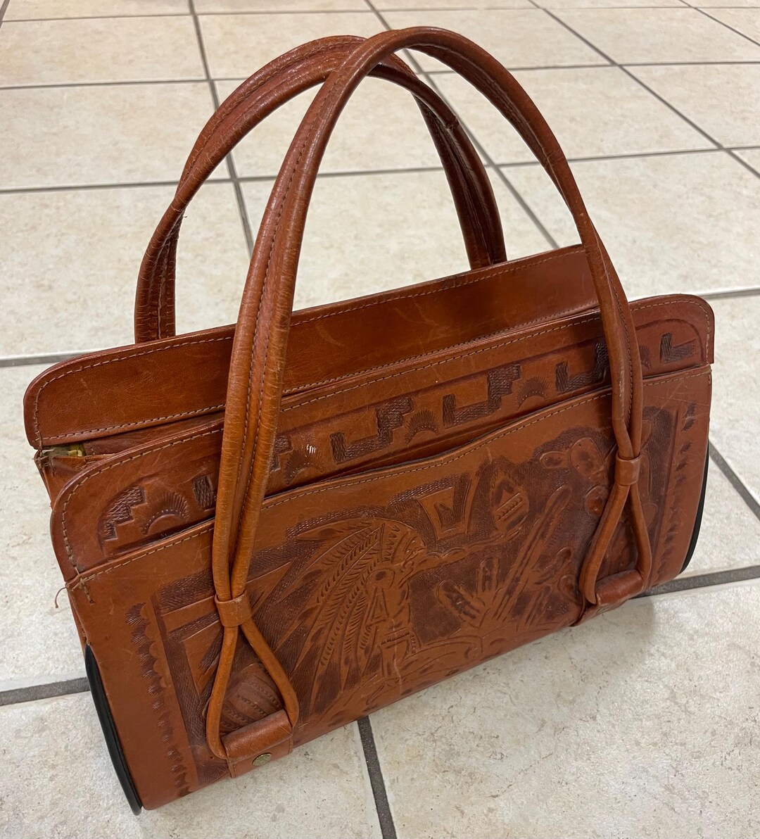 MAYAN Themed 1970s TOOLED LEATHER Double Handled Purse With Metal ideal ...