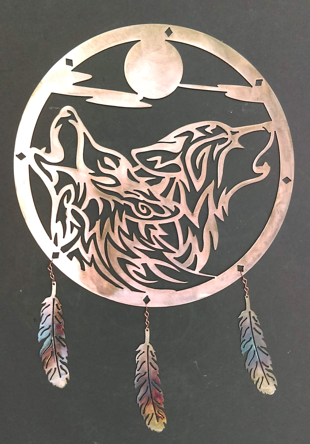 Howling Singing Wolves Plasma Metal Art W/ Feathers Sign Home Decor ...