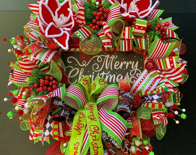 Merry Christmas Chalkboard Wreath for Front Door, Merry Christmas ...