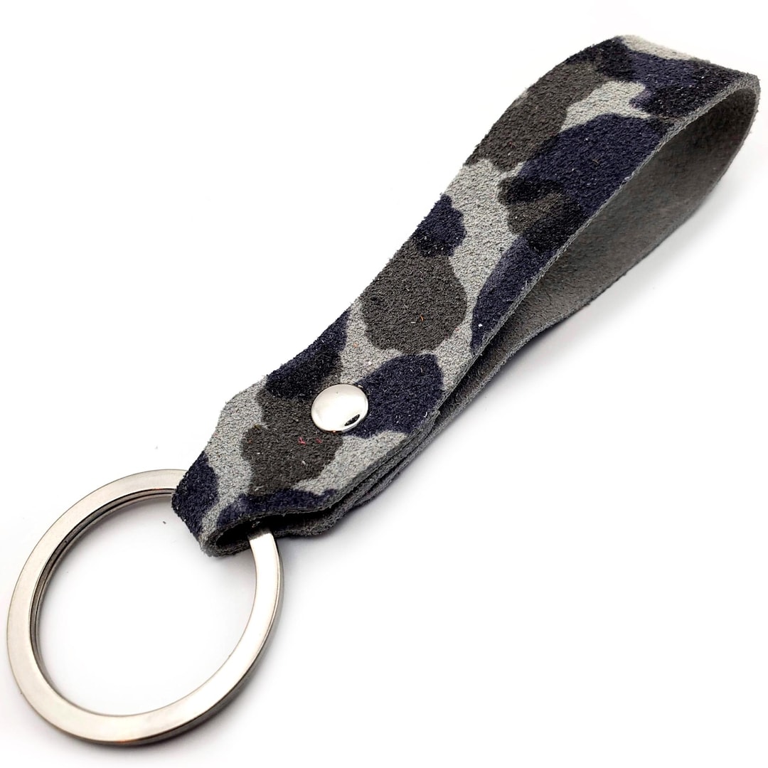 Navy Camo Leather Keychain, Dark Blue Gray Camouflage Leather Keychain ...