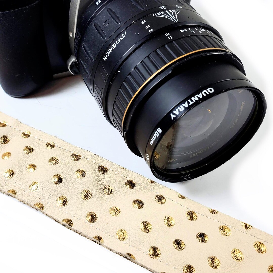 Metallic Polka Dot Premium Leather Camera Strap - Cute Beige Gold ...