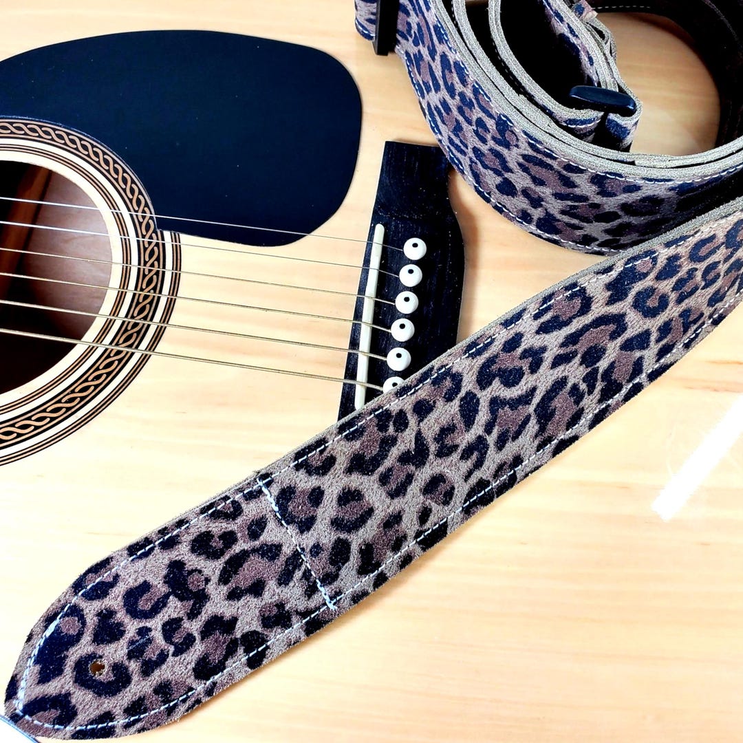 Leopard Premium Leather Guitar Strap- Black Brown Leather Guitar Strap ...
