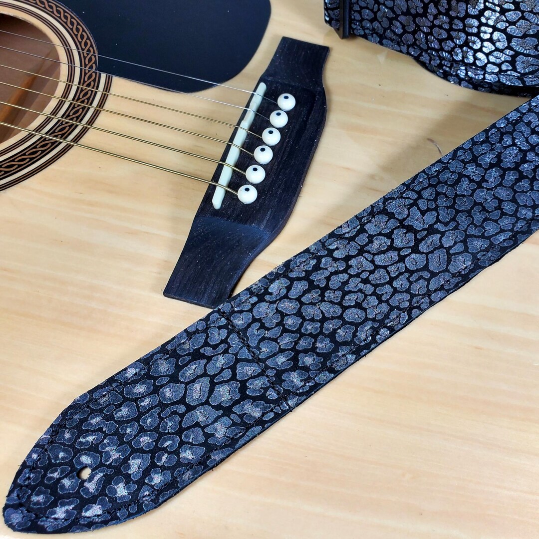 Black Leopard Premium Leather Guitar Strap- Reflective Leather Guitar ...