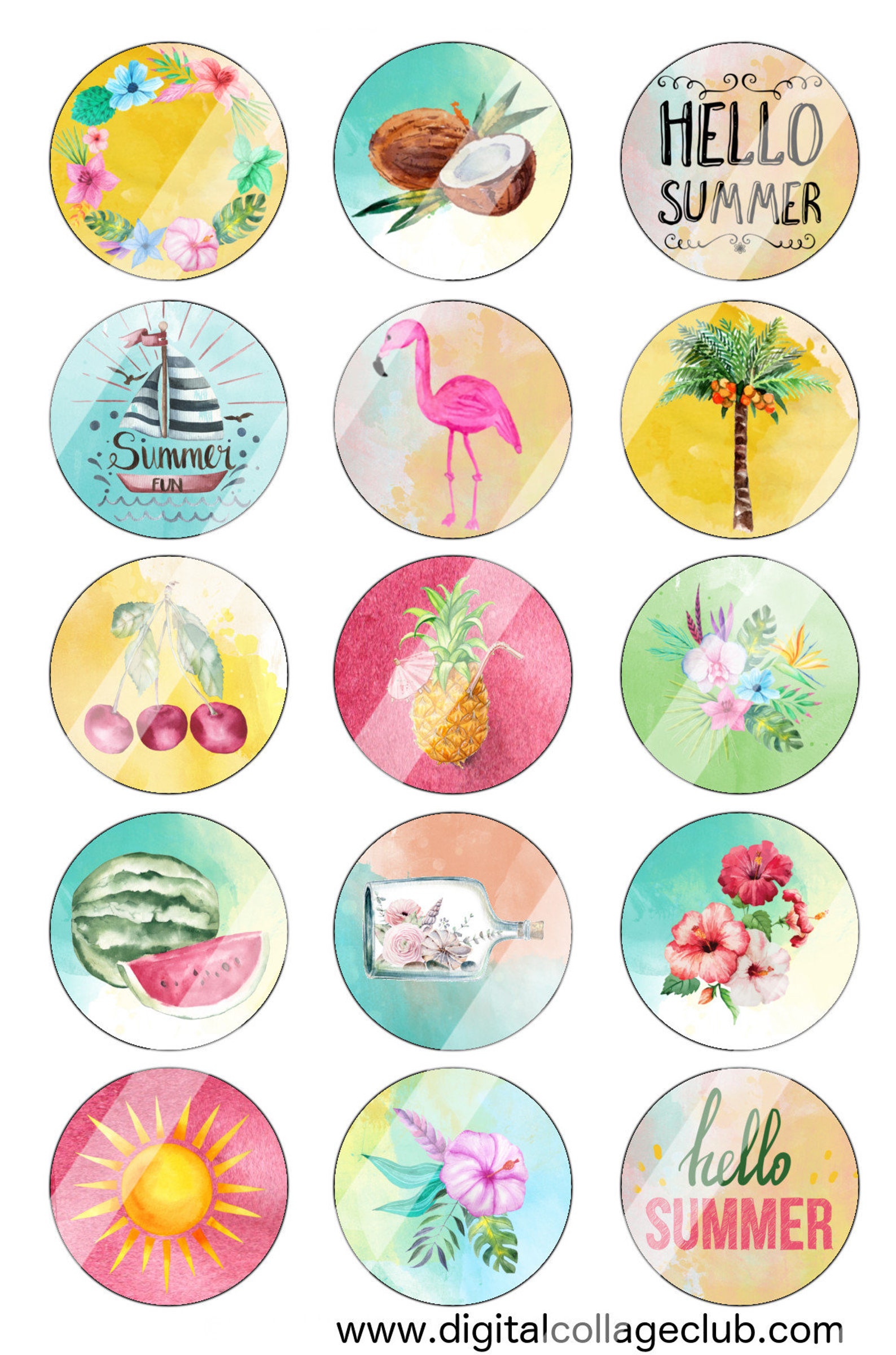 Hello Summer Round Circle Digital Images 1 inch Circles Bottle | Etsy