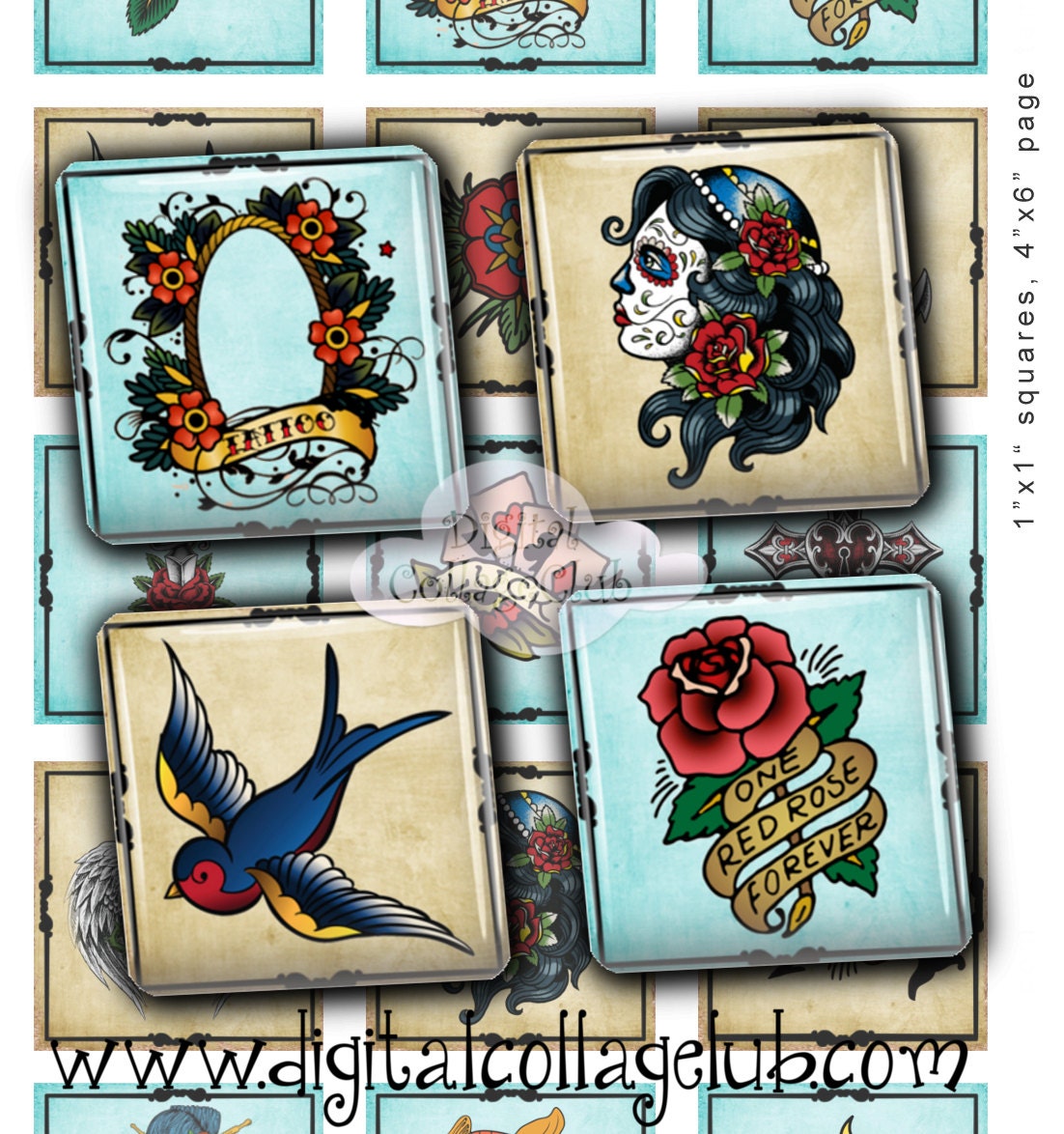 Retro Vintage Tattoo 1 Inch Digital Collage Sheet Square Scrabble Tile ...