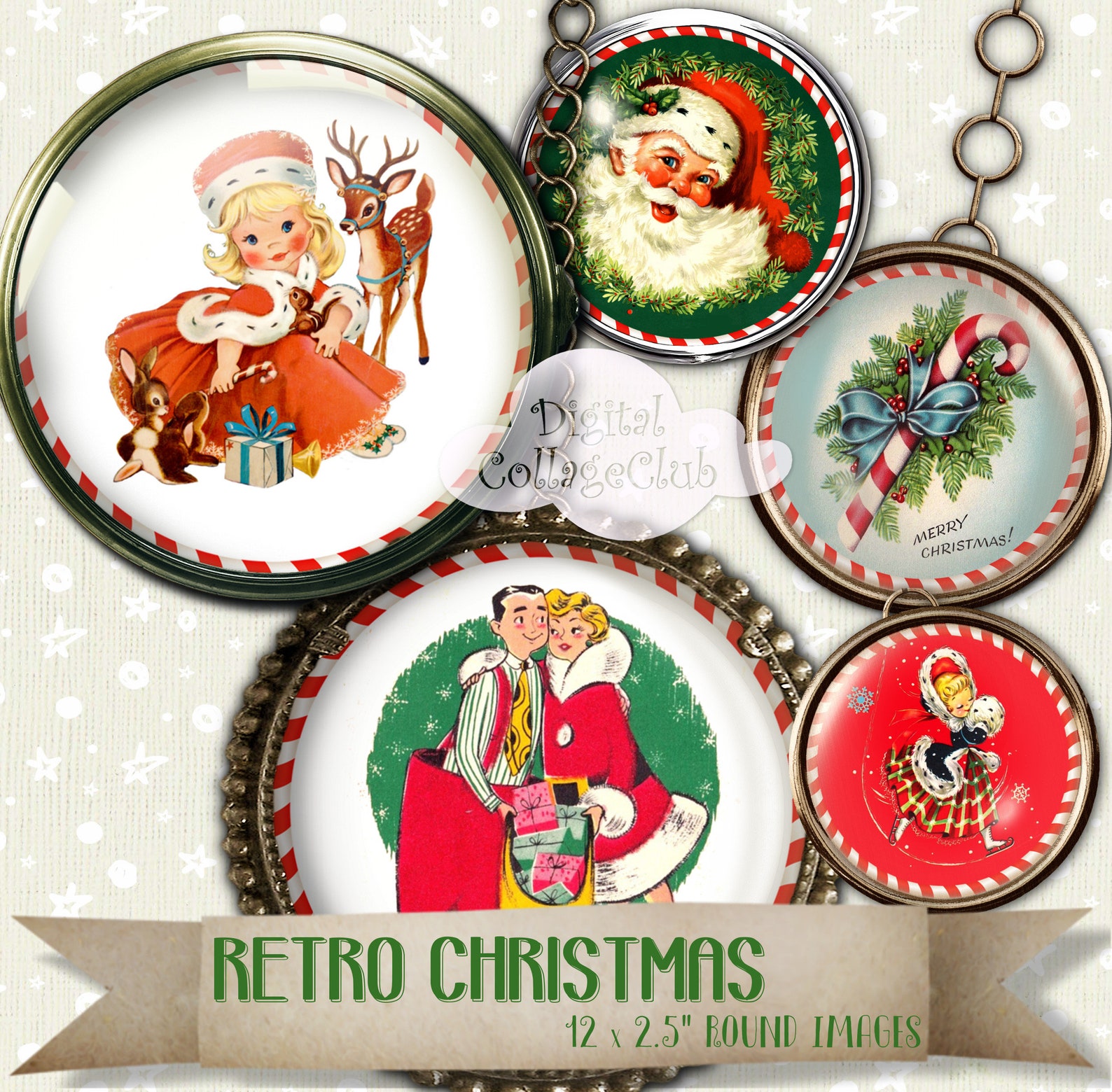Vintage Retro Christmas Round Images for Jewelry Making 2.5 Inch Circle ...