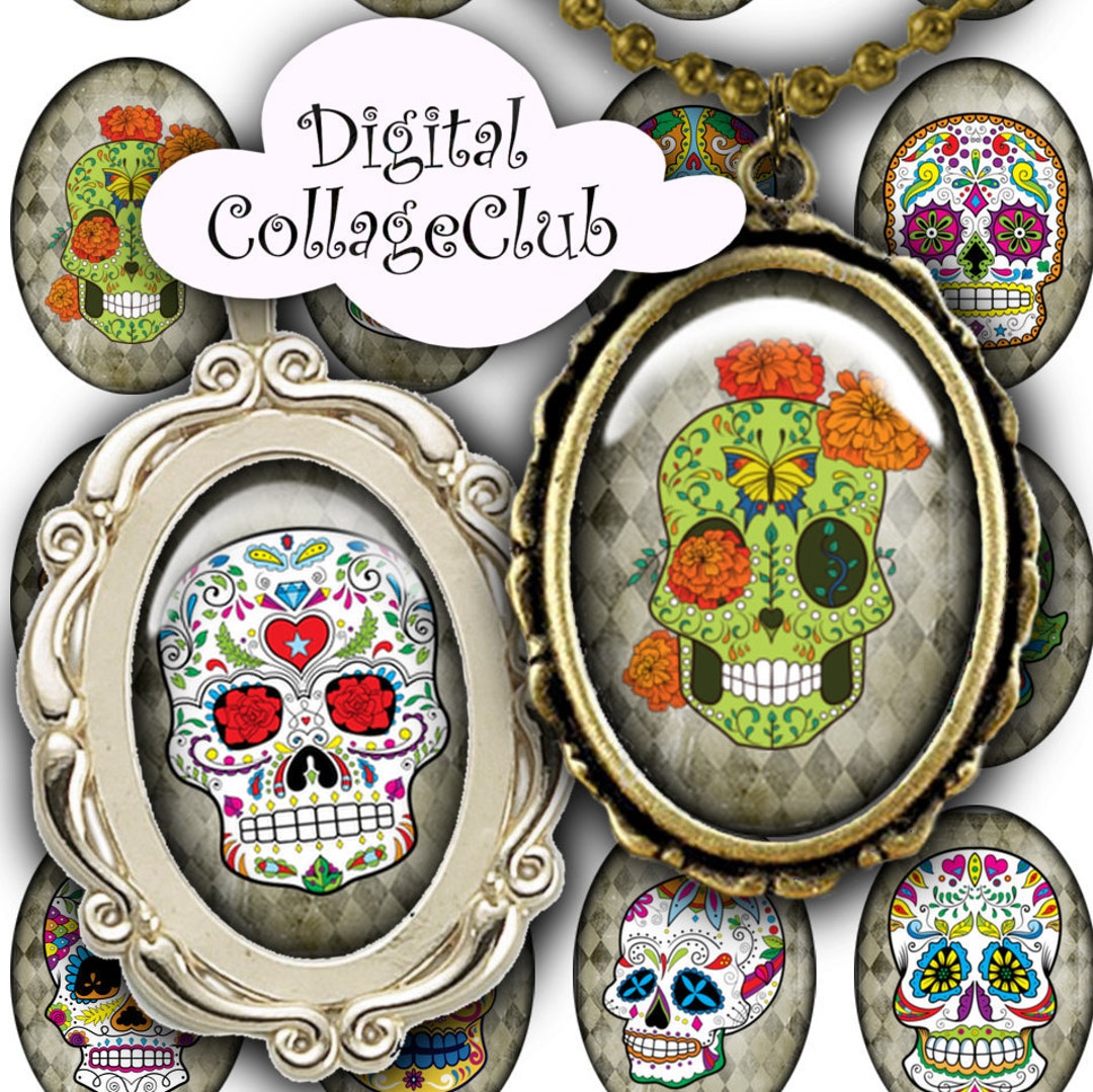 Sugar Skull Halloween Digital Collage Sheet. 18 X 25 Mm Oval Cabochon ...
