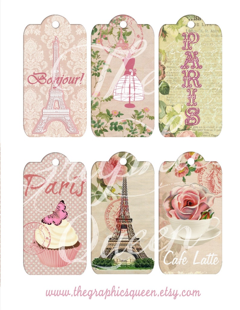 Pink Paris Digital Collage Sheet Tags Labels Decorations Favor Tags ...