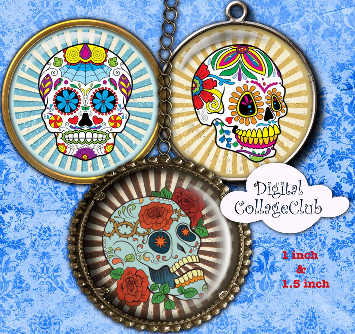 Sugar Skull 1 Inch Digital Collage Sheet 1 Inch and 1.5 Inch Images for ...