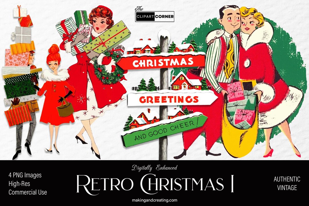 Retro Vintage Christmas Clip Art Transparent Background Antique Old ...