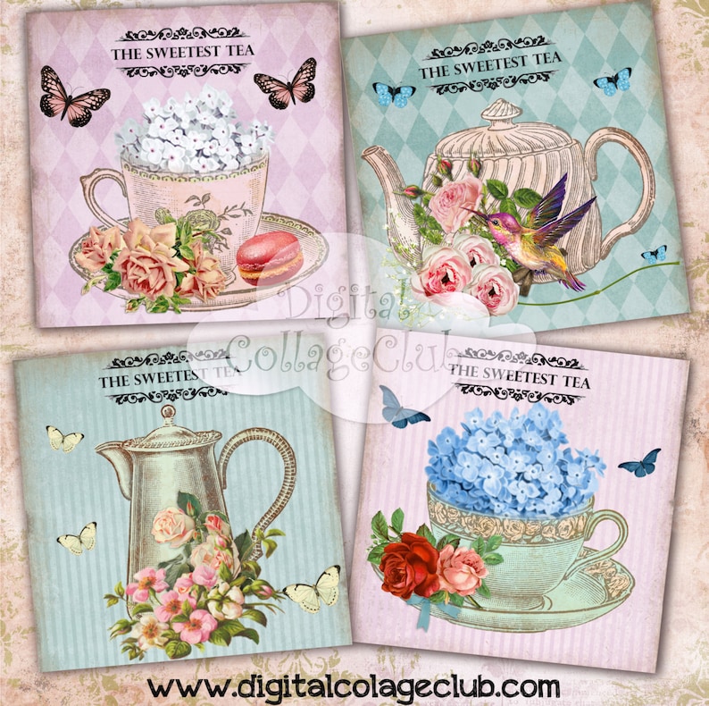 Vintage Shabby Chic Tea Cup Digital Collage Sheet Digital Coasters ...