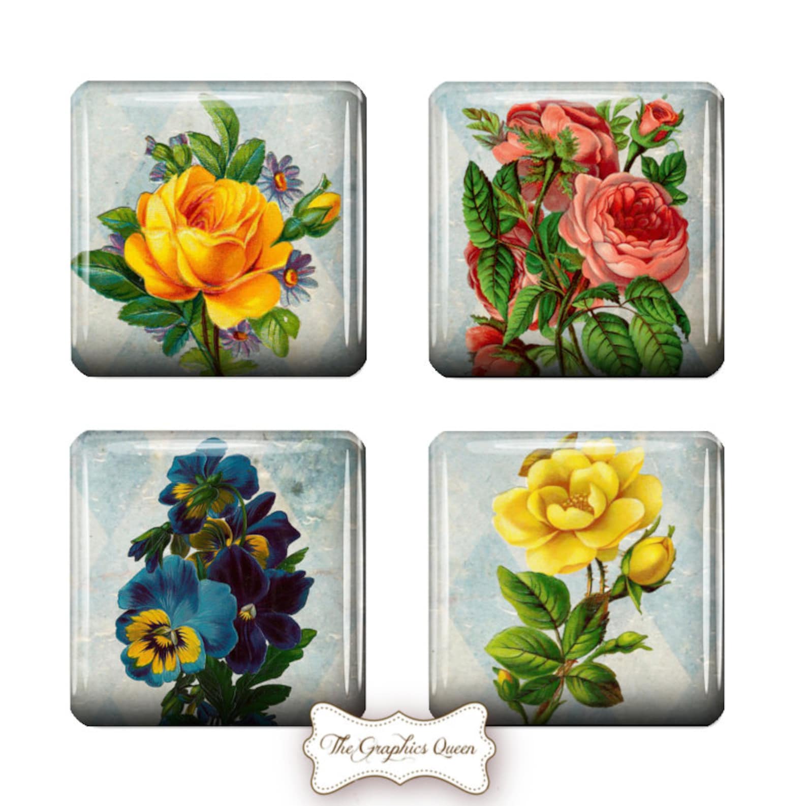 Vintage Flower Rose Images Digital Collage 1 Inch Square Tile - Etsy