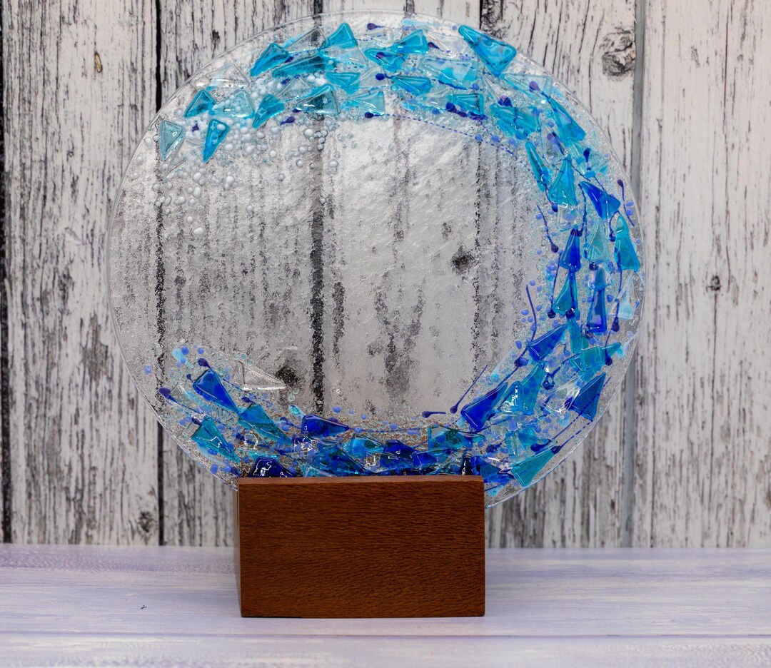Ocean Wave Blue Fused Glass Picture With a Wood Stand, Nautical Coastal ...