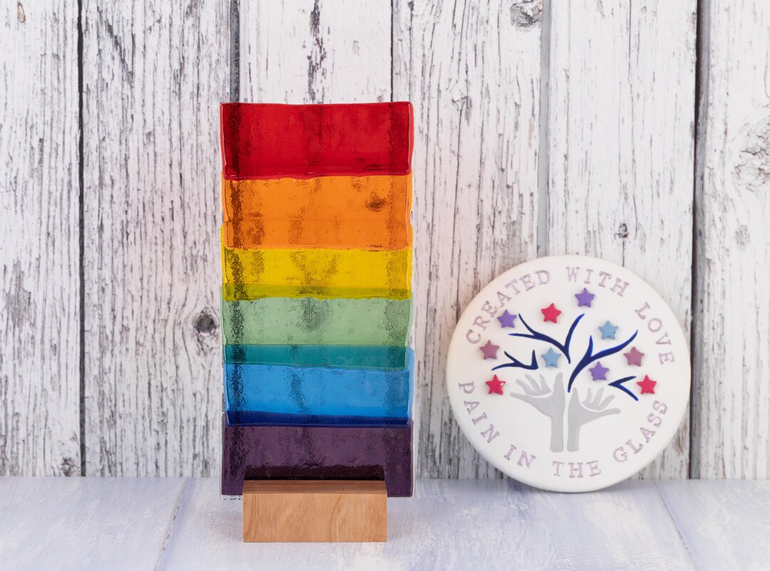 Rainbow Fused Glass Sun Panel With an Elm Wood Stand. Over the Rainbow ...