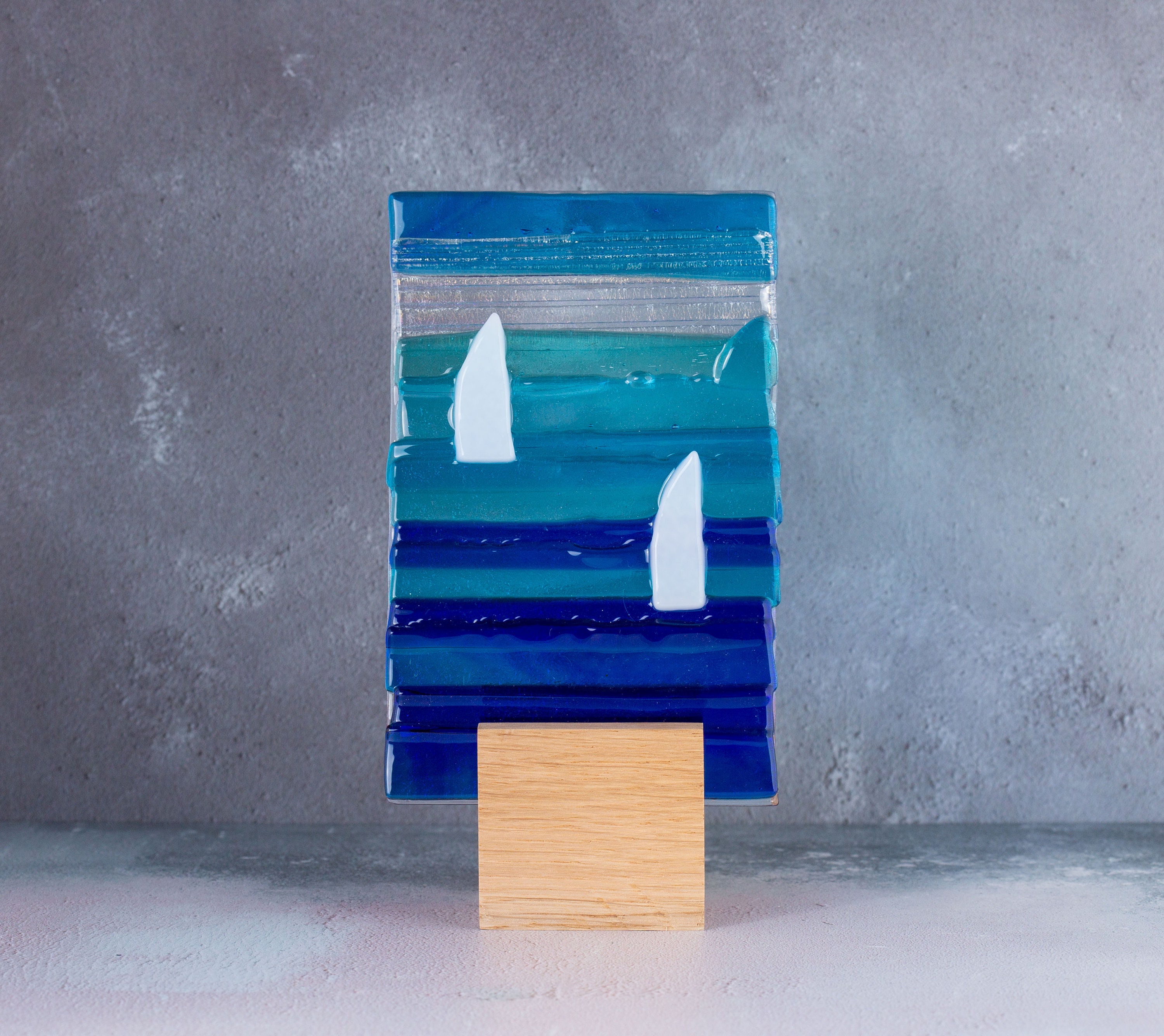 Blue Ocean Wave and Sailing Fused Glass Panel with Oak Wood | Etsy