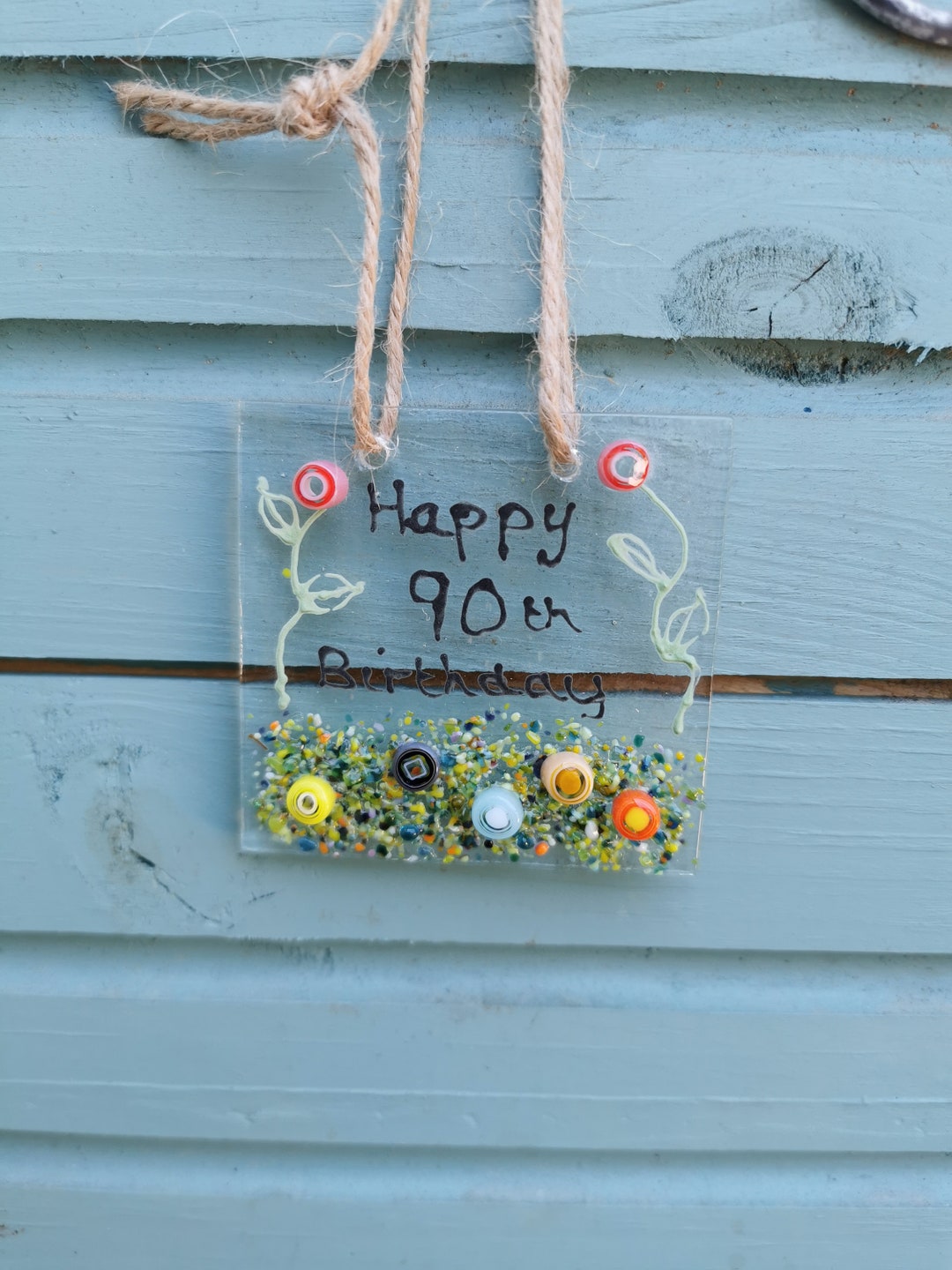 Mini Happy Birthday 90th Fused Glass Sun Catcher. Special 90th Birthday ...