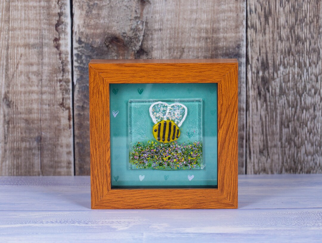 Mini Bumble Bee Fused Glass Framed Picture. Wall Decor.cute Bee Art ...