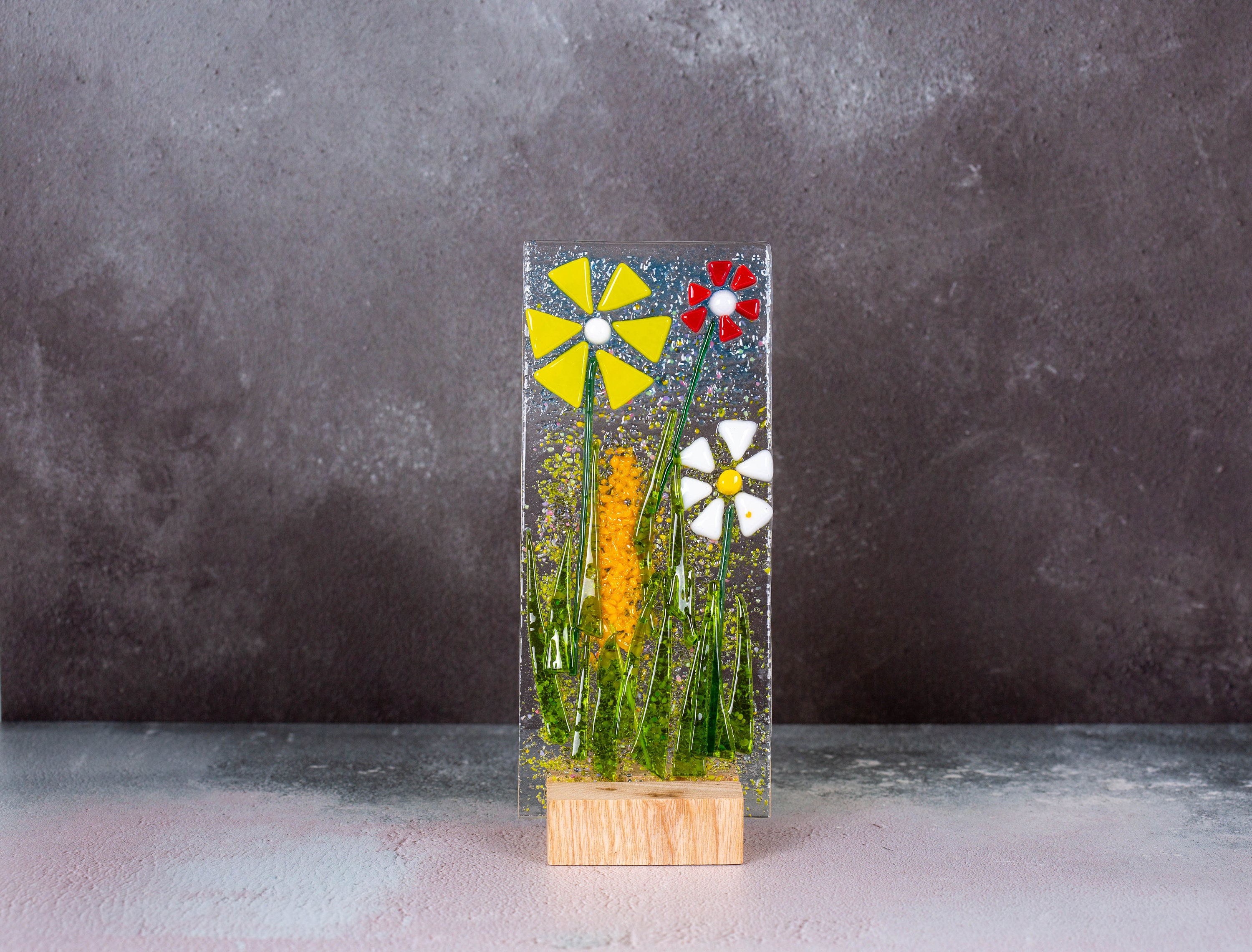 Wild Flower Fused Glass Sun Catcher with an Oak Wood Stand. | Etsy