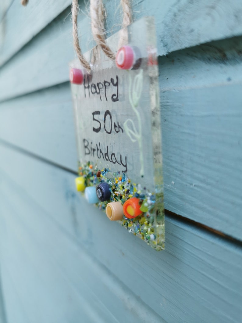 Mini Happy Birthday 50th Fused Glass Sun Catcher, Special 50th Birthday ...