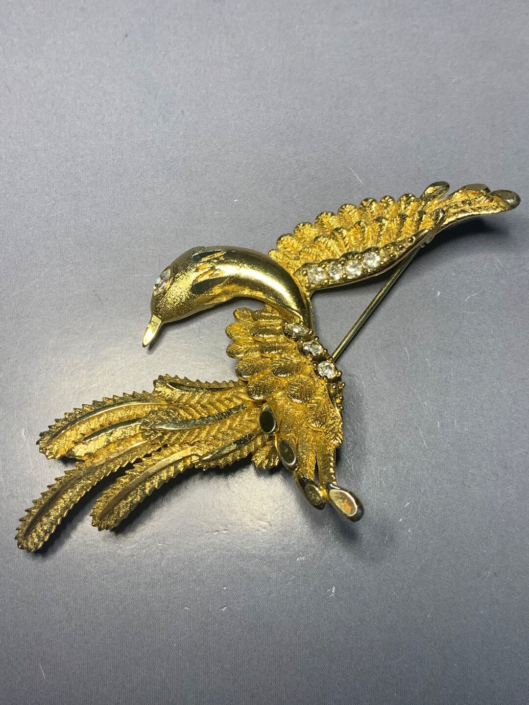 WONDERFUL Large PARADISE PHOENIX Bird Brooch Gold Plated With Clear ...