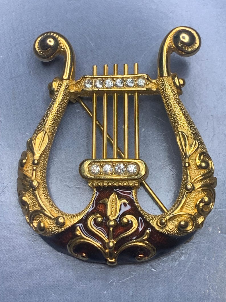 FABULOUS VINTAGE 1980s MUSICAL Lyre Harp in Gold Red Enamel Crystals ...