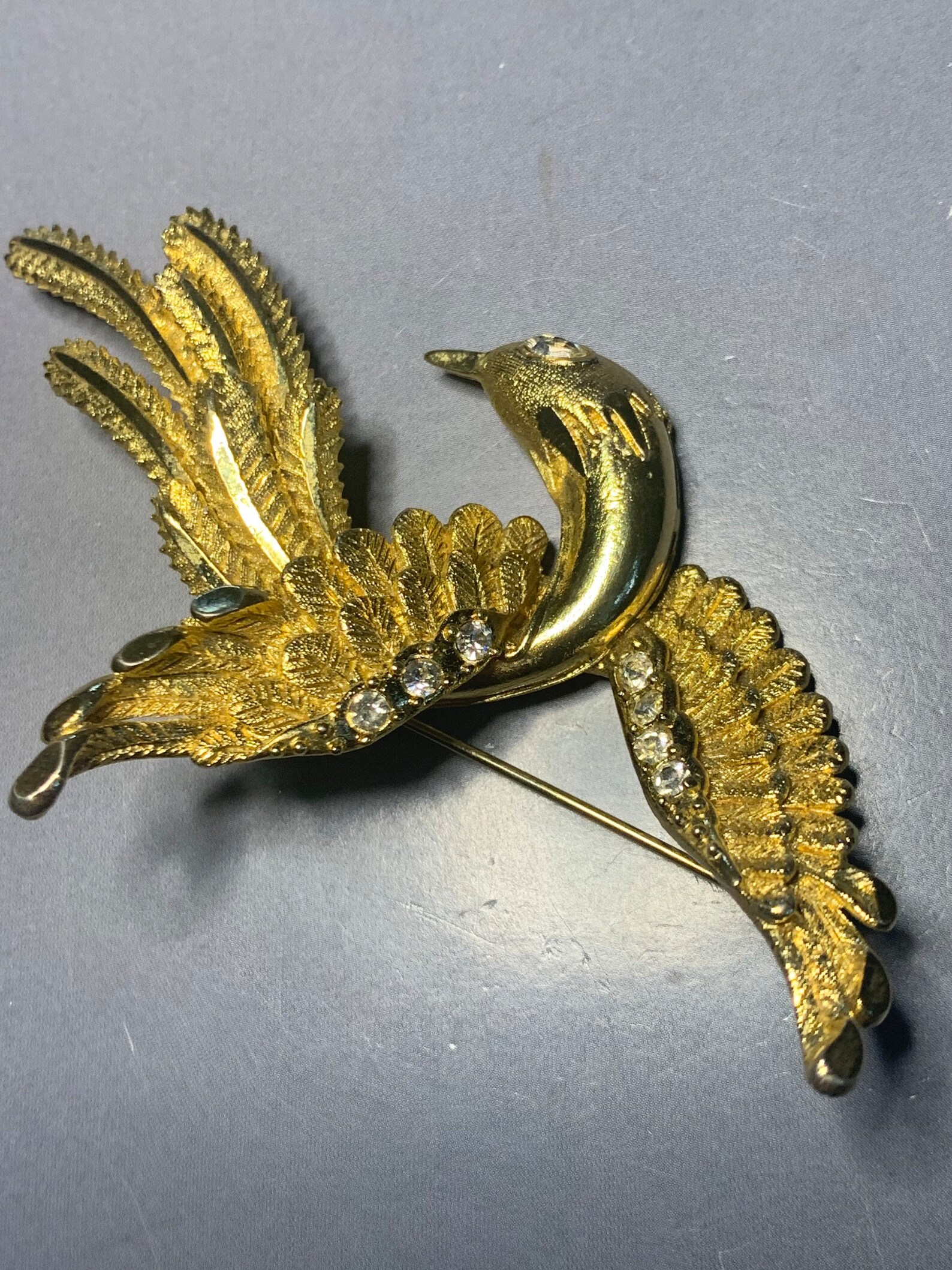 WONDERFUL Large PARADISE PHOENIX Bird Brooch Gold Plated With Clear ...