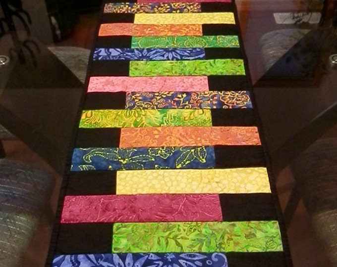 Batik Quilted Table Runner in Tropical Colors, Reversible to Black and ...