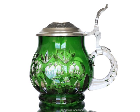 Crystal BEER STEIN With Emerald Green Overlay Cut Decor & - Etsy