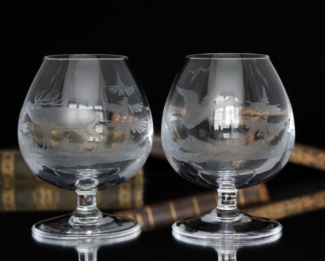 2x Crystal COGNAC GLASSES With Engraved Wild Animal Pattern - Large ...