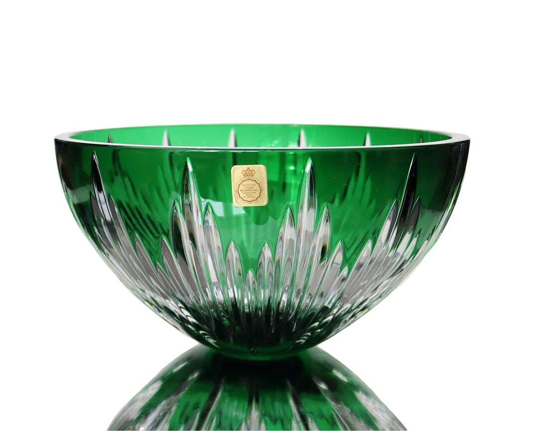 Large Cut Crystal Bowl With Emerald Green Overlay – Vintage Decorative ...