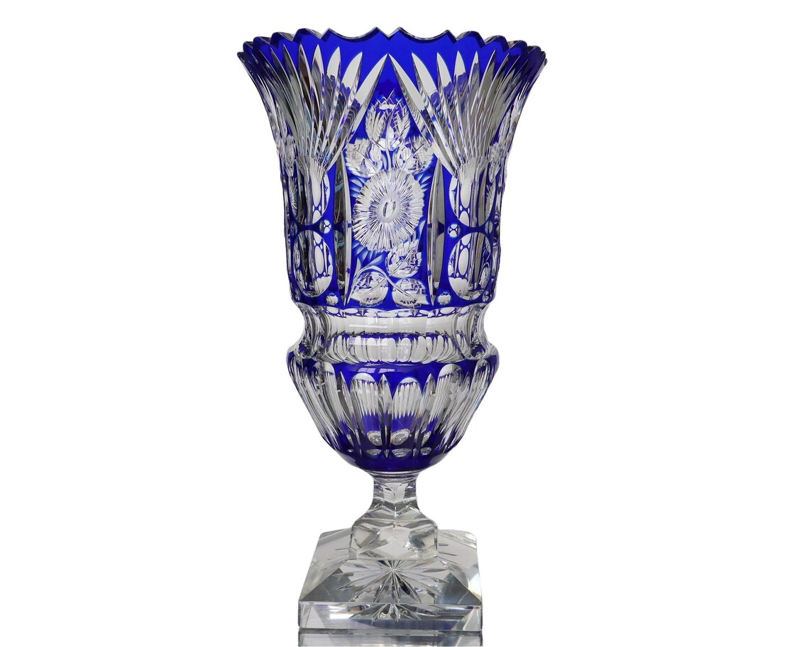 XL Large Footed CRYSTAL VASE - Empire Style - Cobalt Blue Crystal ...